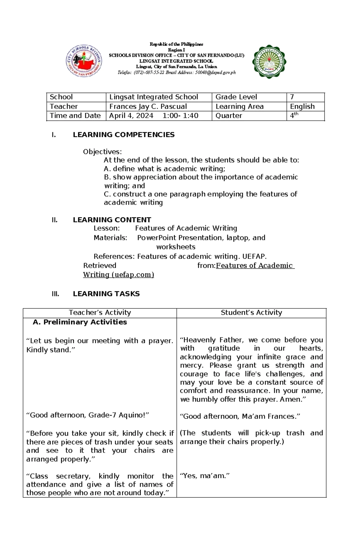 Grade 10 English Lesson Plan: Four Essay Types Overview - Studocu
