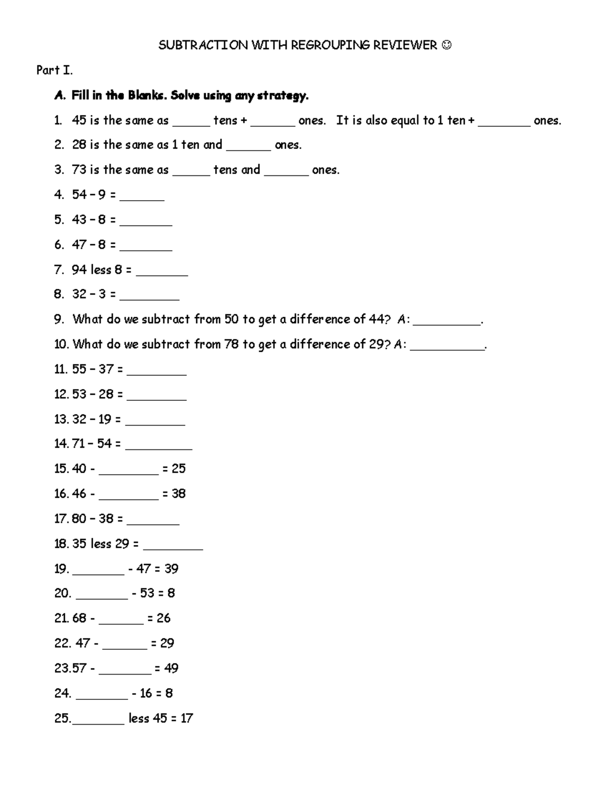 SUBTRACTION WITH REGROUPING REVIEWER J: Practice & Word Problems - Studocu