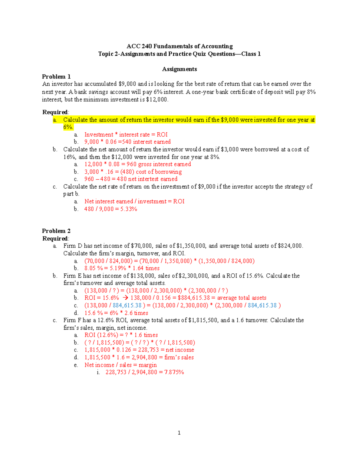 ACC-240 Topic 2 Assignments & Practice Quiz - Class 1 Analysis - Studocu