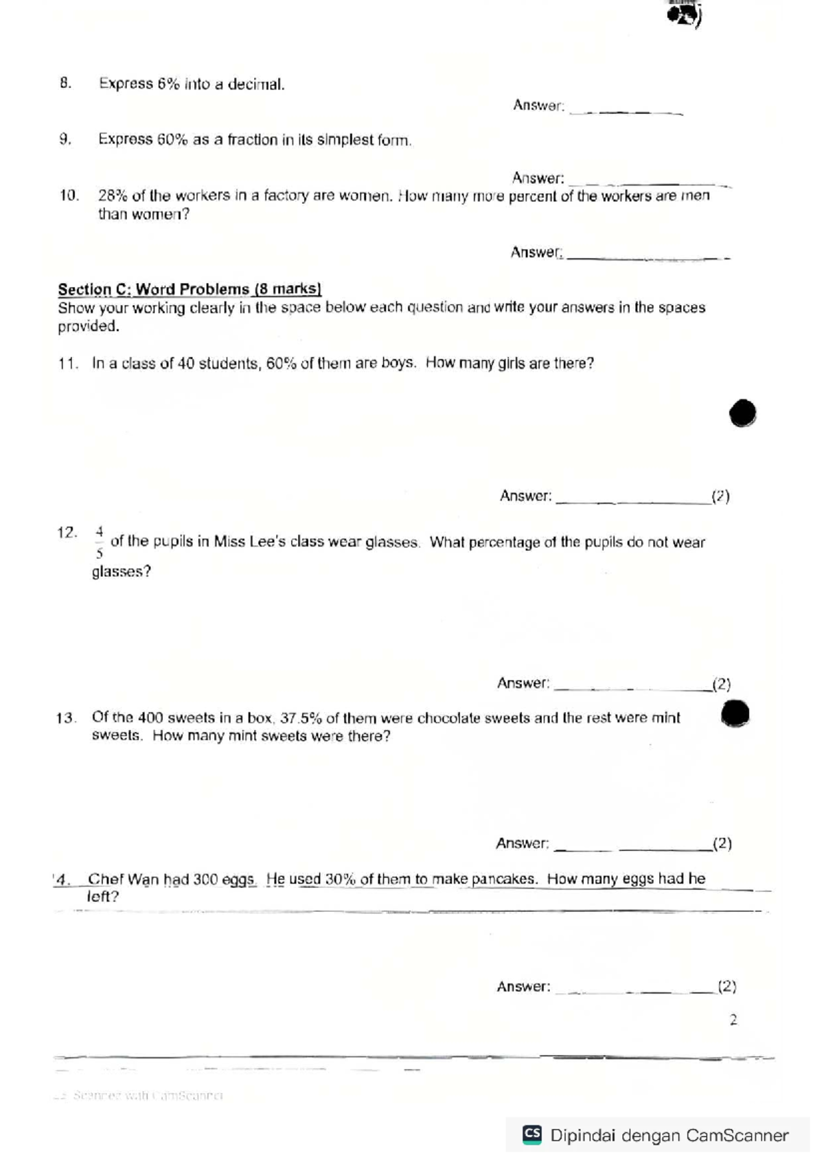 Percentage - Primary 5 Mathematics Worksheet No.2 - Studocu