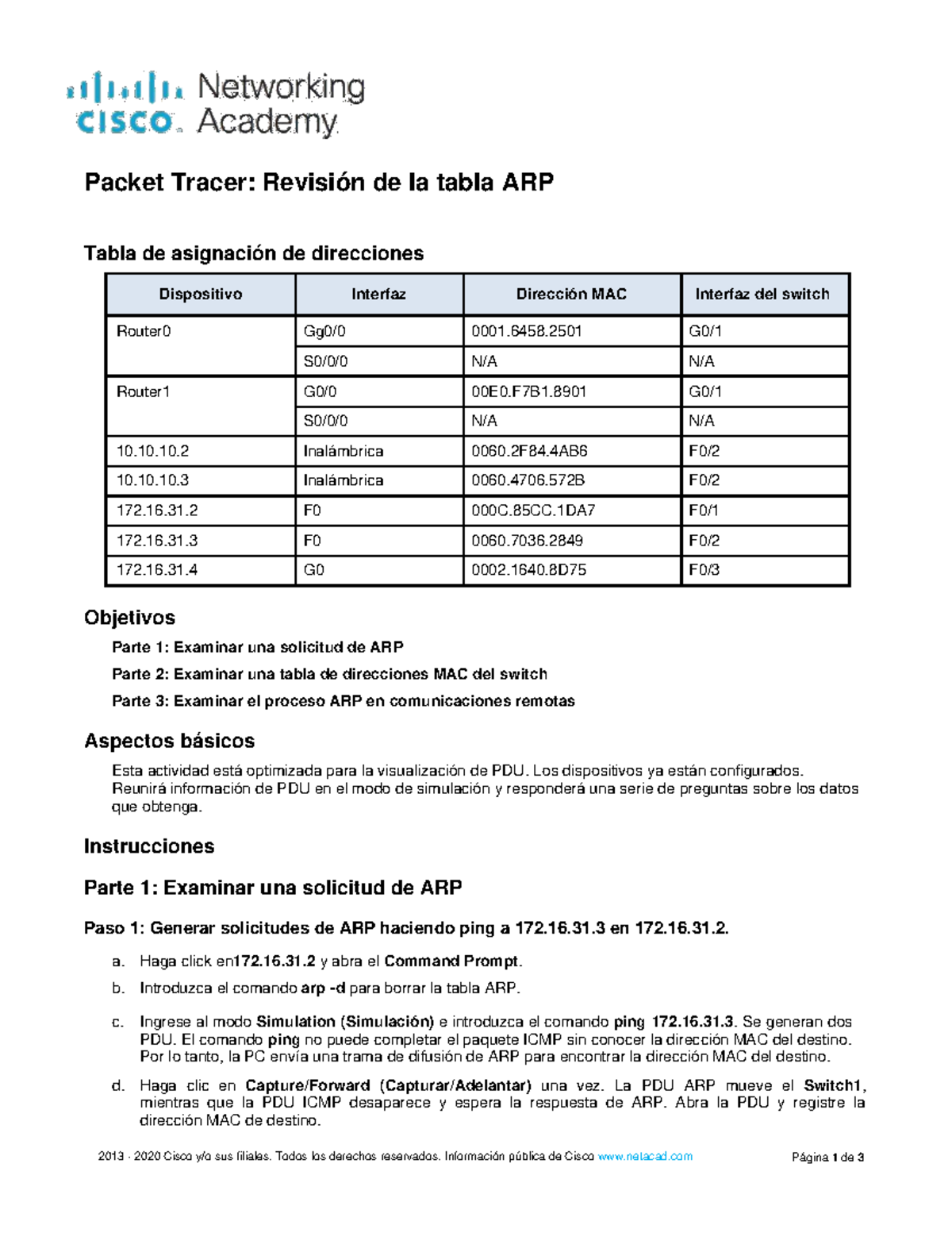 Laboratorio 9.2.9: Análisis de la Tabla ARP en Packet Tracer - Studocu