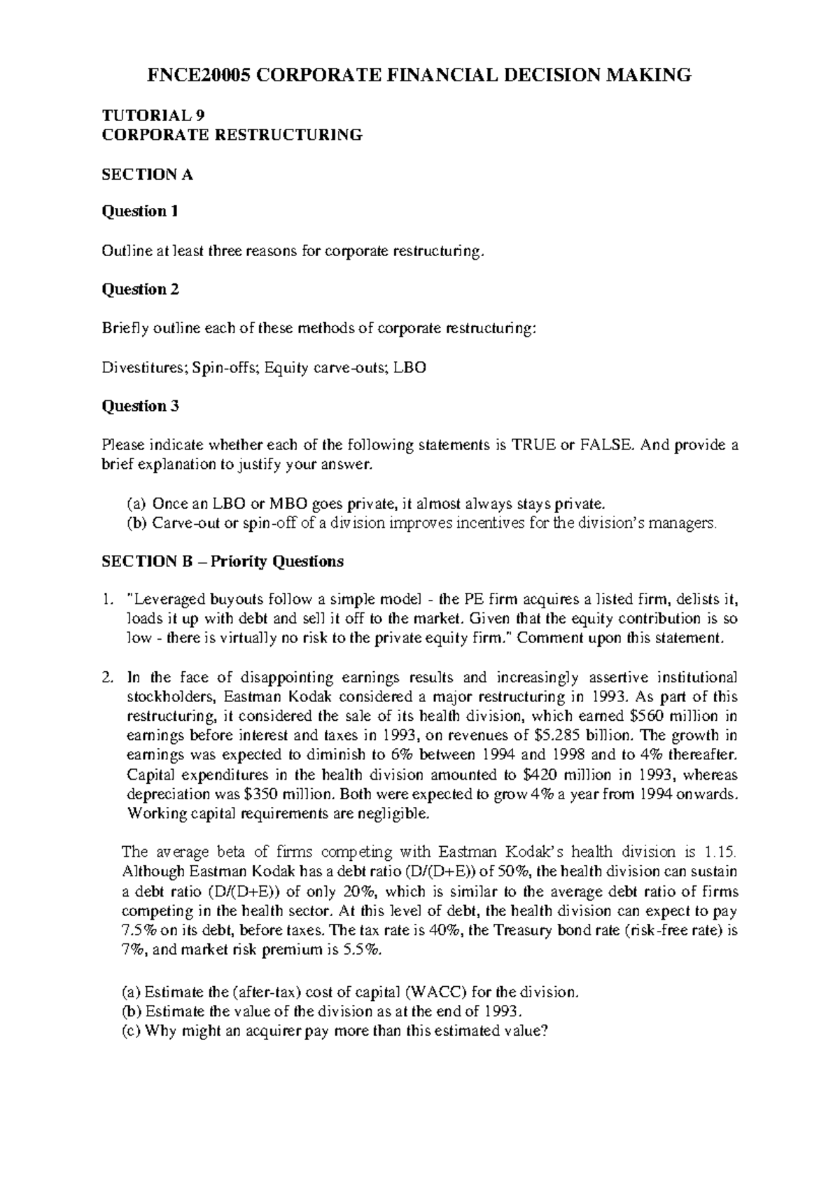 Tute 9 2024 - pdf - FNCE20005 CORPORATE FINANCIAL DECISION MAKING ...