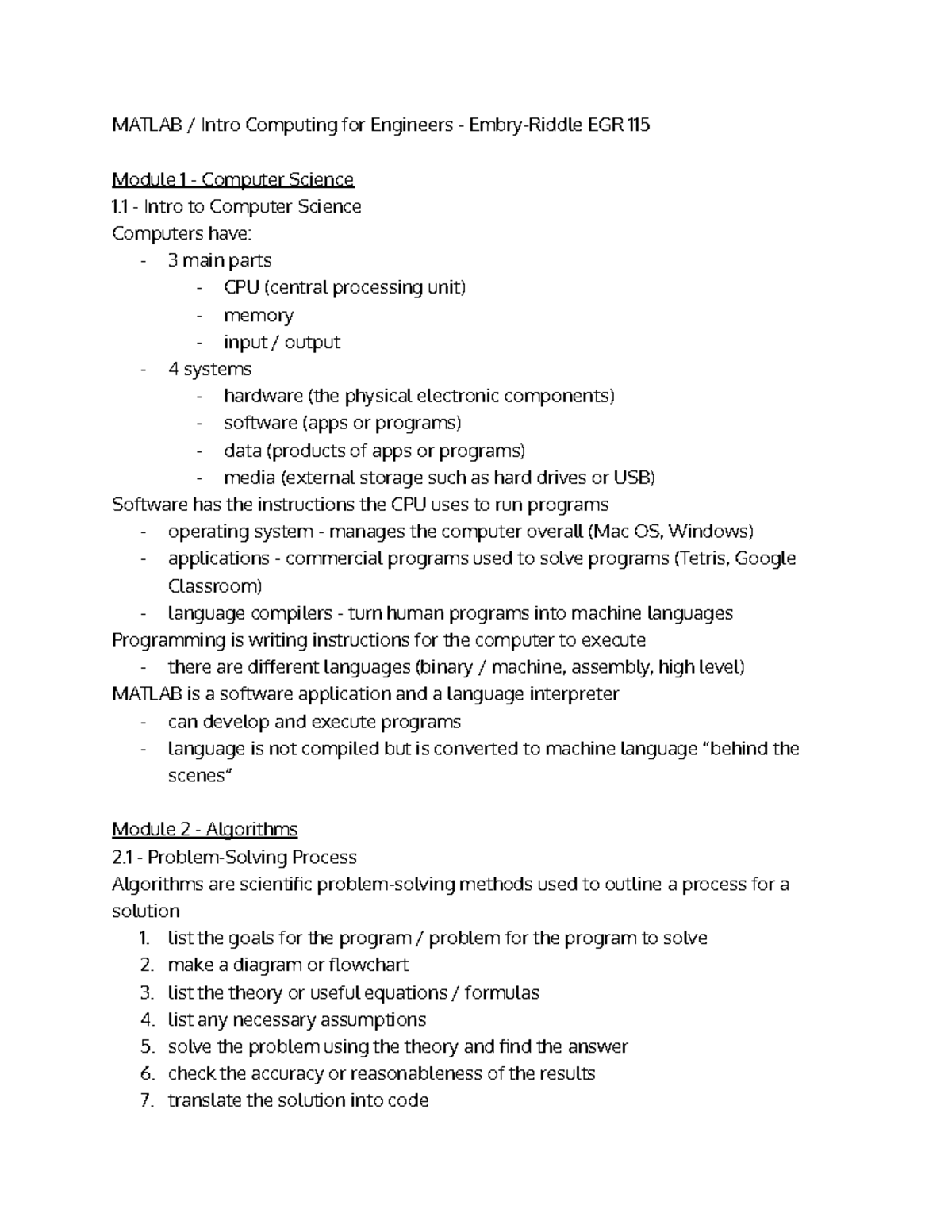 ERAU EGR 115 MATLAB Intro to Computing & Algorithms Notes - Studocu