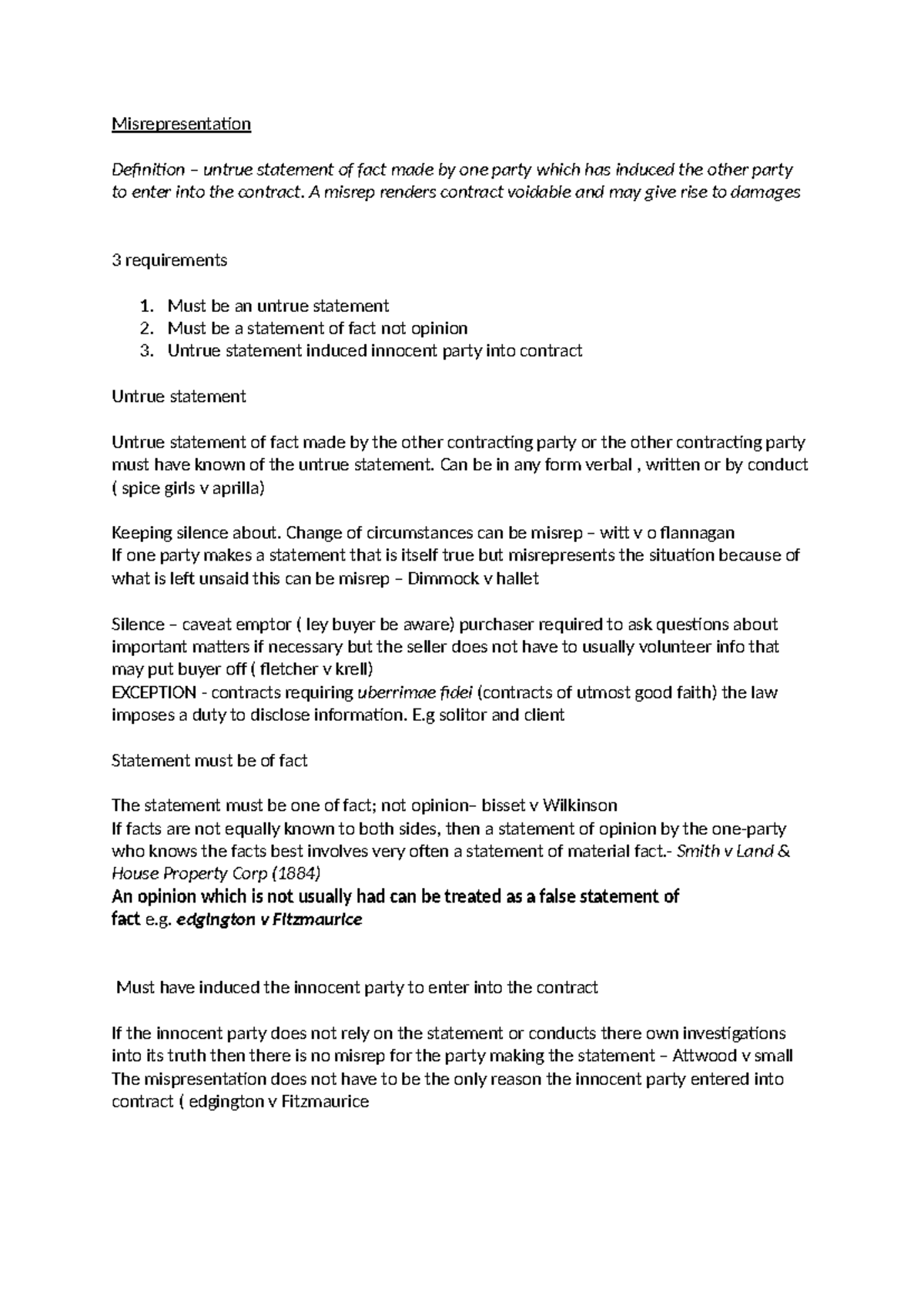 Misrepresentation Notes - Key Concepts and Case Law - Studocu