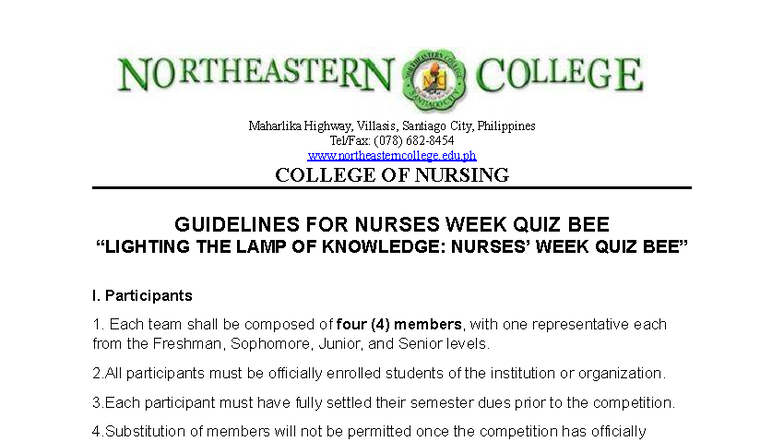 COLLEGE OF NURSING (078) QUIZ BEE Guidelines for Nurses Week - Studocu