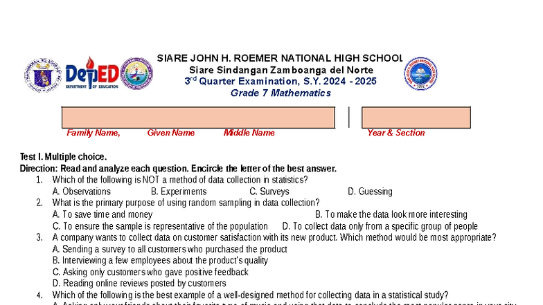 G7 Q3 EXAM - Grade 7 Mathematics 3rd Quarter Examination 2024-2025 - Studocu