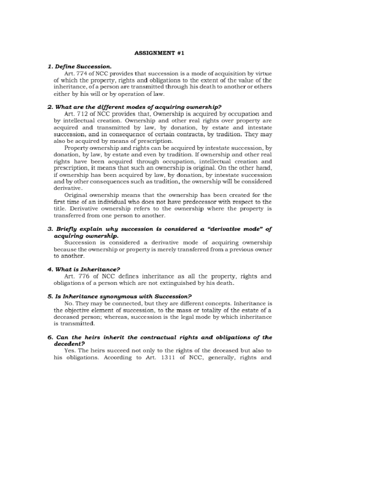 Compiled Assignments in Succession Atty. Lardizabal - ASSIGNMENT 1. Define Succession. Art. 774 ...