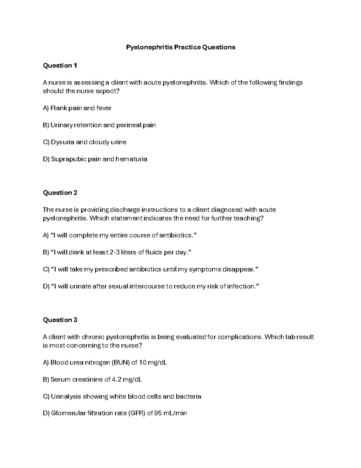Acute Pyelonephritis Practice Questions and Case Studies for NUR 302 ...