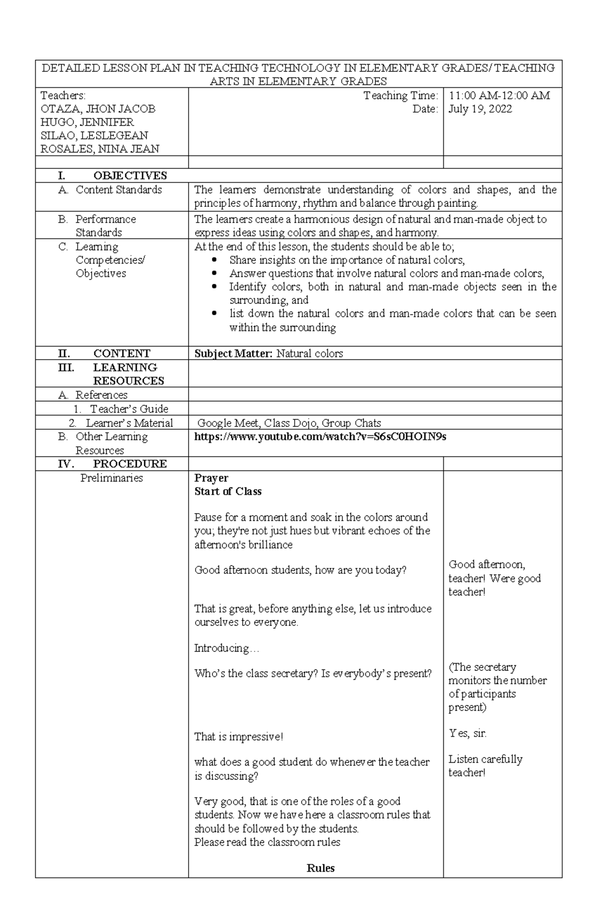G1 - Lesson Plan on Natural vs. Man-Made Colors in Arts - Studocu