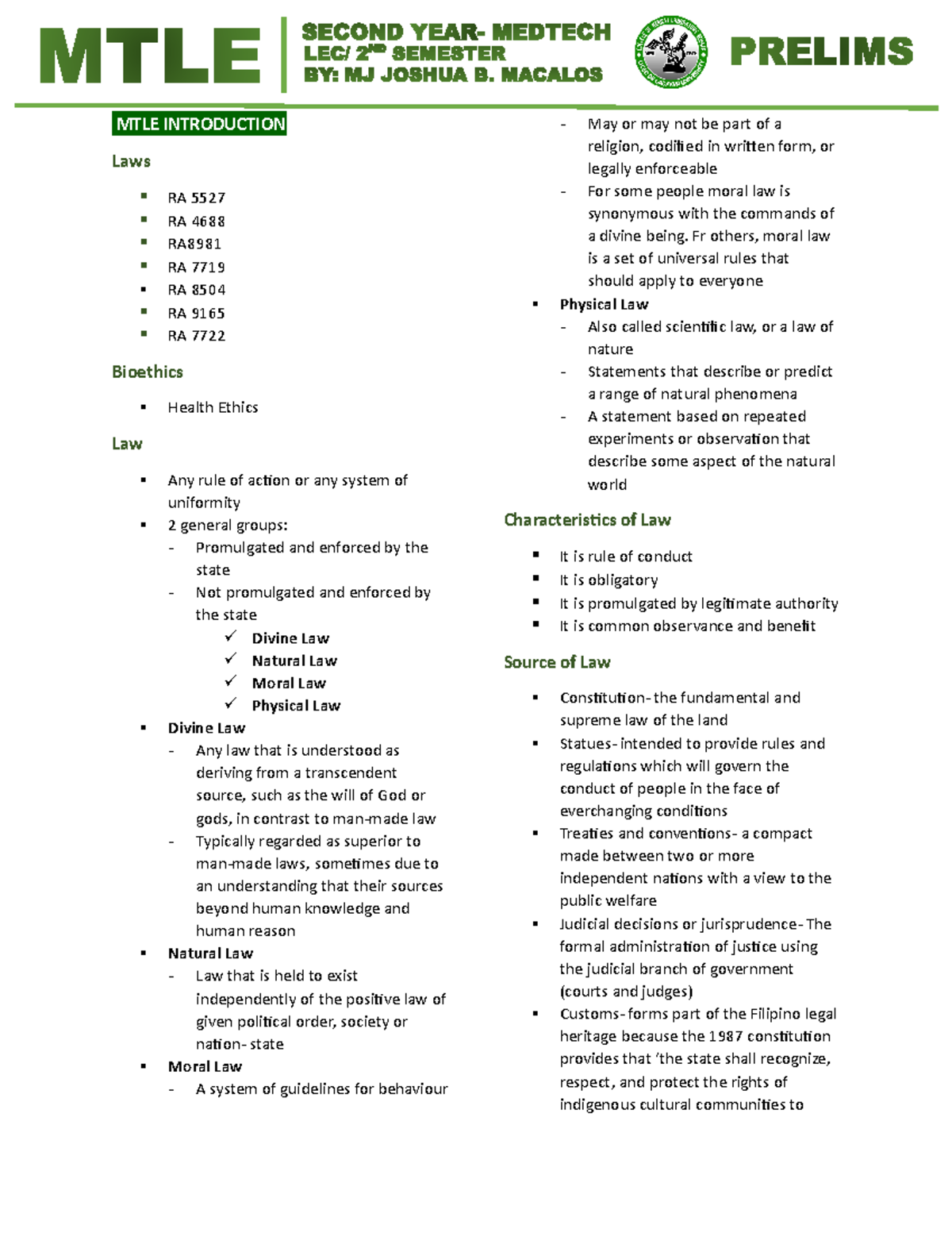 MTLE Introduction - Lecture & discussion notes - MTLE INTRODUCTION Laws ...
