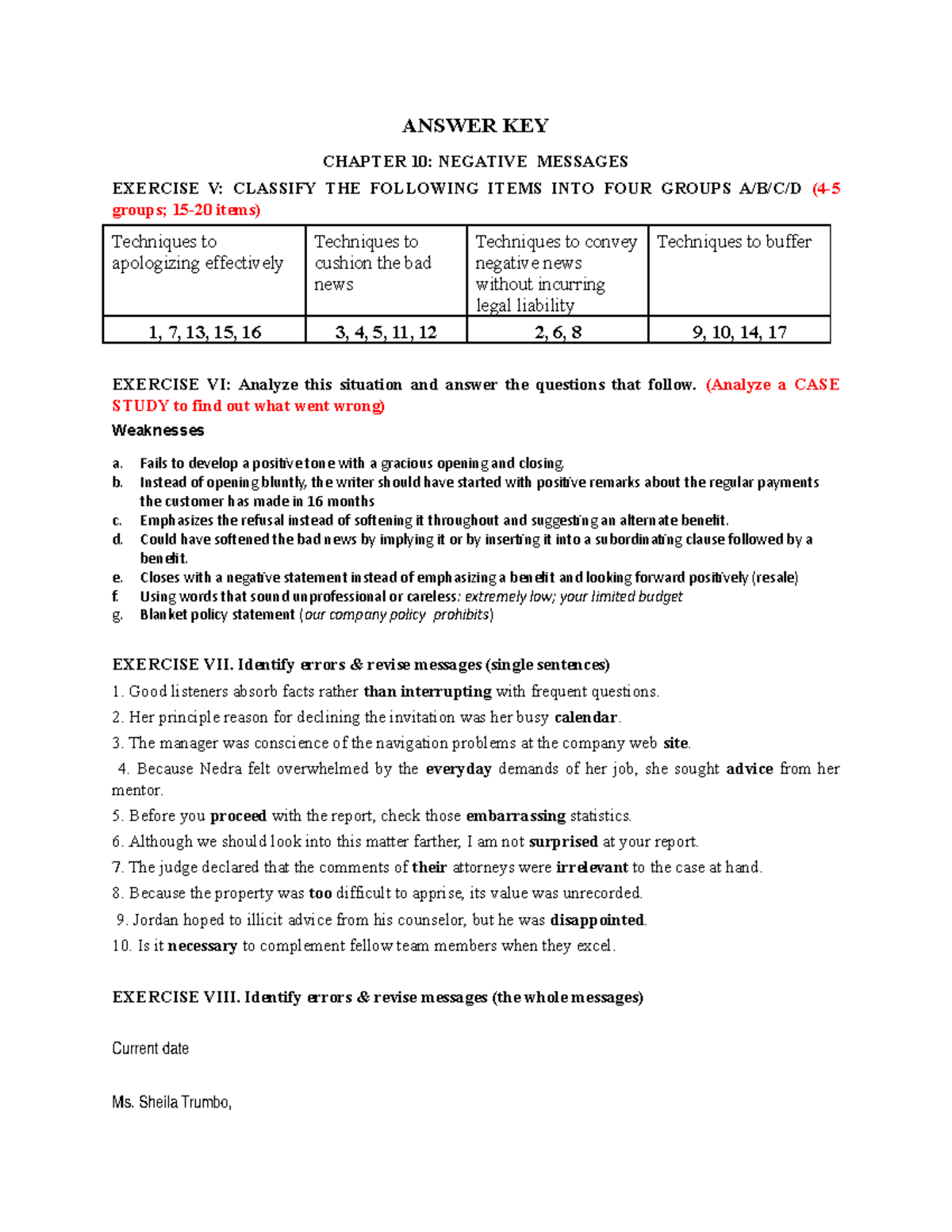 Chapter 10 - KEY - ANSWER KEY CHAPTER 10: NEGATIVE MESSAGES EXERCISE V ...