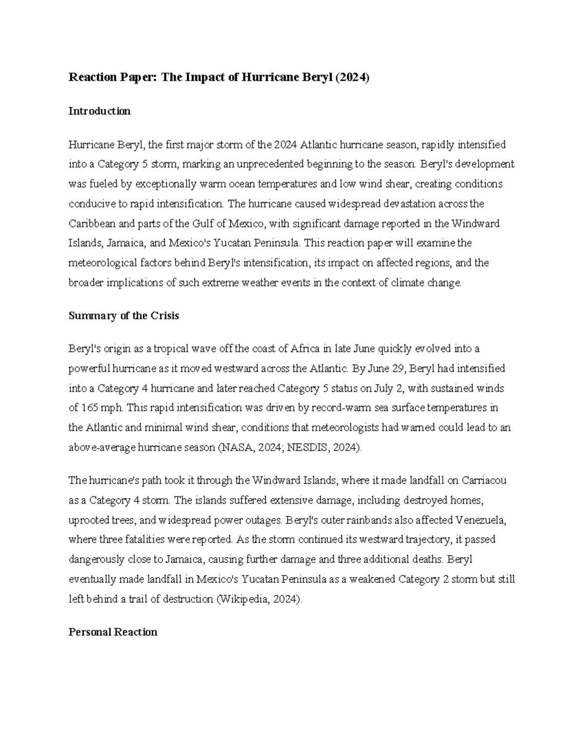Reaction Paper 2: Examining Hurricane Beryl's Impact & Climate Change ...