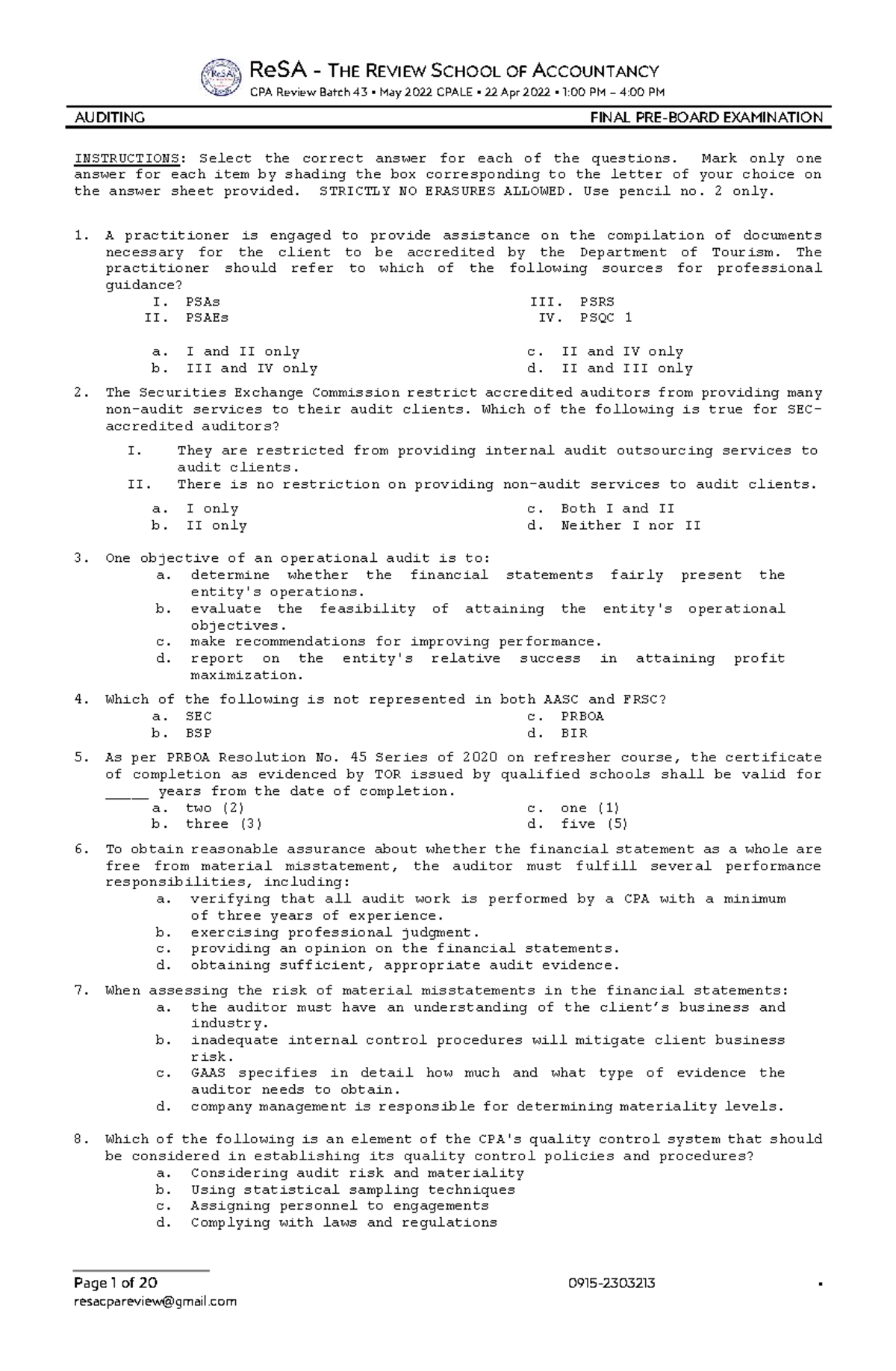 ReSA B43 CPA Review: AUD Final Exam Questions & Solutions - Studocu