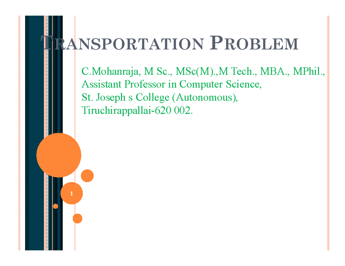 CMR 002 Transportation Problem: Finding Initial Basic Feasible Solutions - Studocu