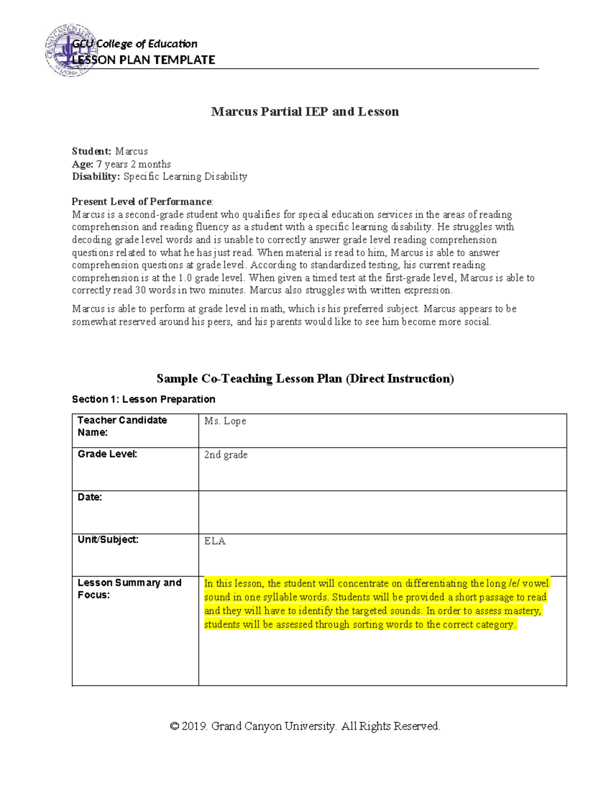 GCU College of Education LESSON PLAN TEMPLATE for Marcus' IEP ...