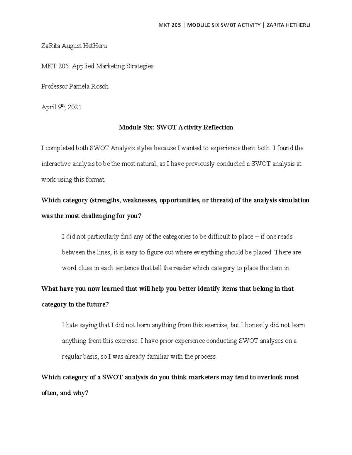 MKT 205 Module Six SWOT Activity Reflection by Zarita HetHeru - Studocu