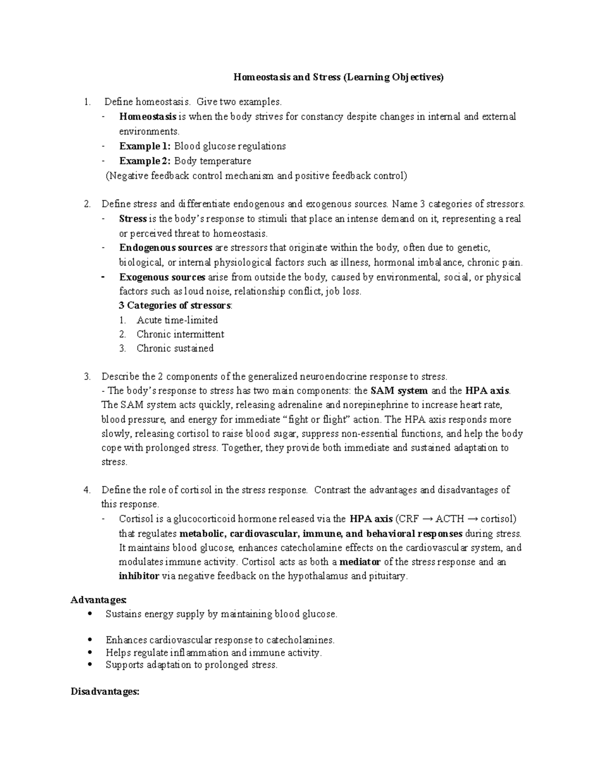 Homeostasis and Stress: Key Learning Objectives and Concepts - Studocu