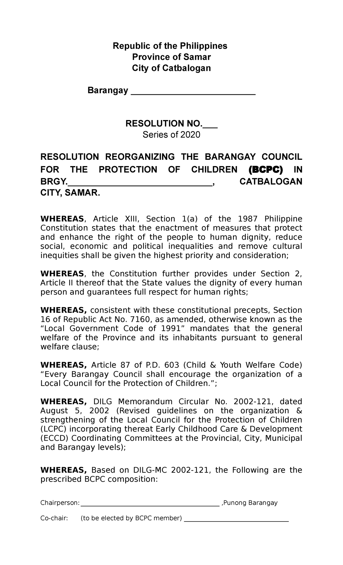 Resolution reorganizing the BCPC - Republic of the Philippines Province ...