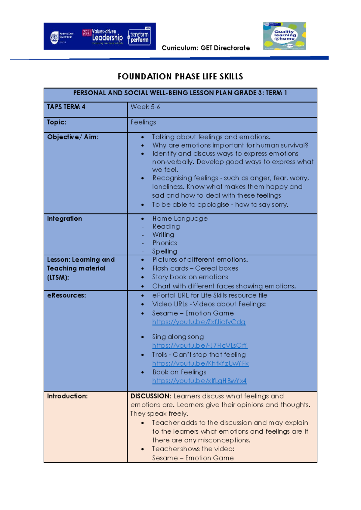 FP Gr3 Life Skills Lesson Plan: Emotions & Feelings (T1 W5&6) - Studocu