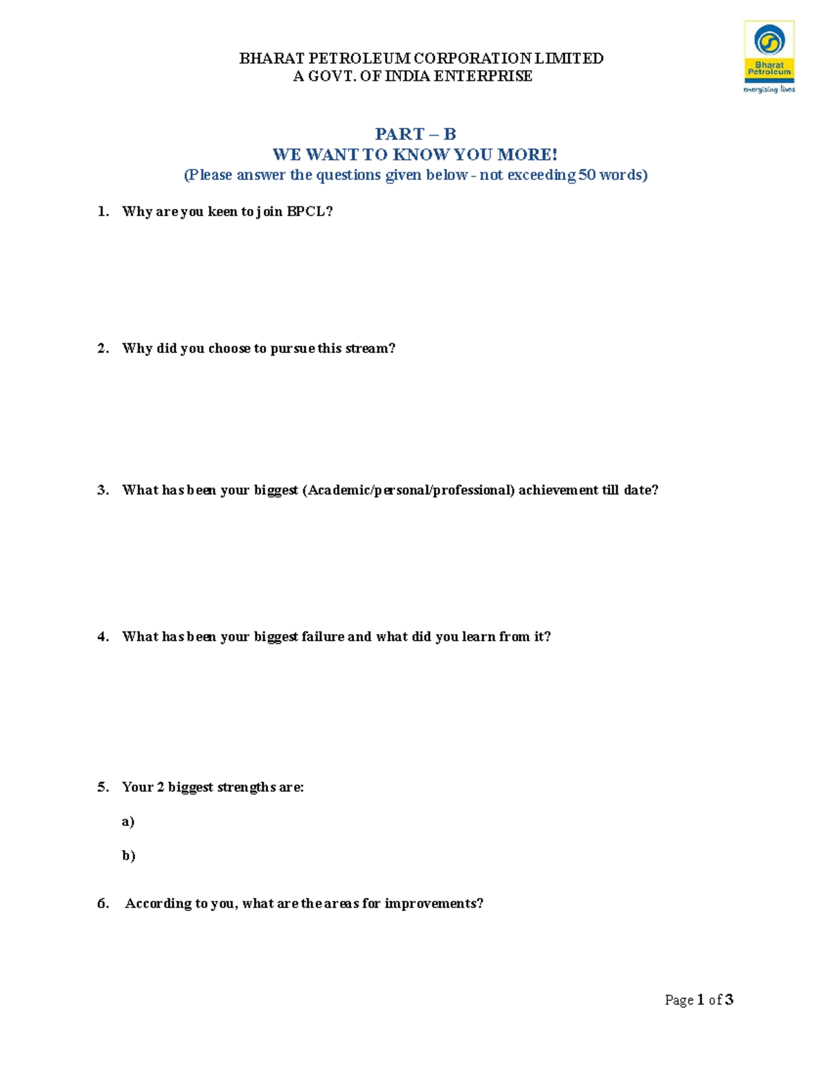 BPCL Candidate Name Application Part B Questions and Responses - Studocu
