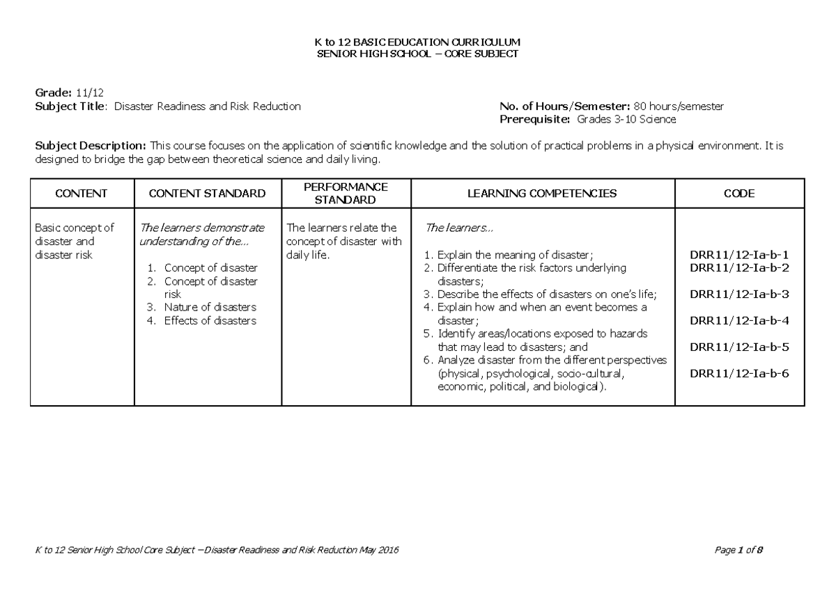 SHS-Core Disaster Readiness & Risk Reduction Curriculum Guide - Studocu