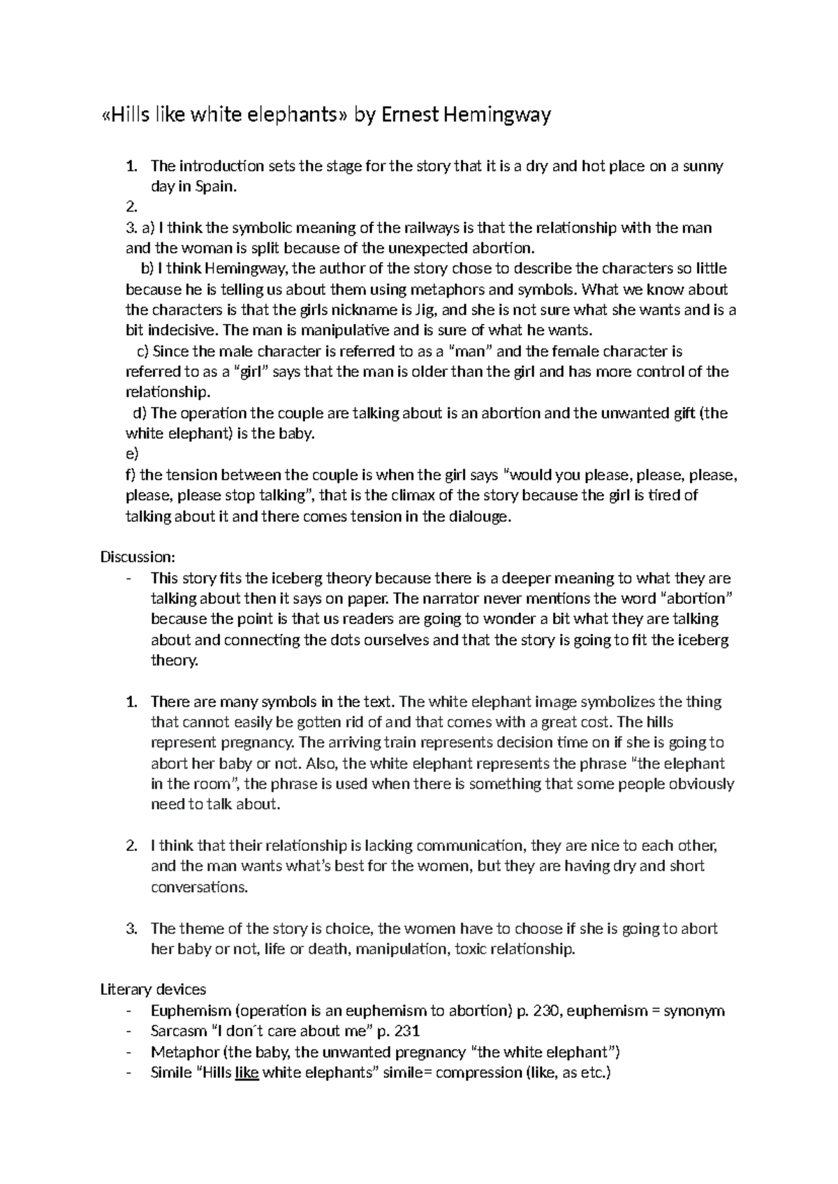 Analysis and Themes in «Hills like White Elephants» by Hemingway - Studocu