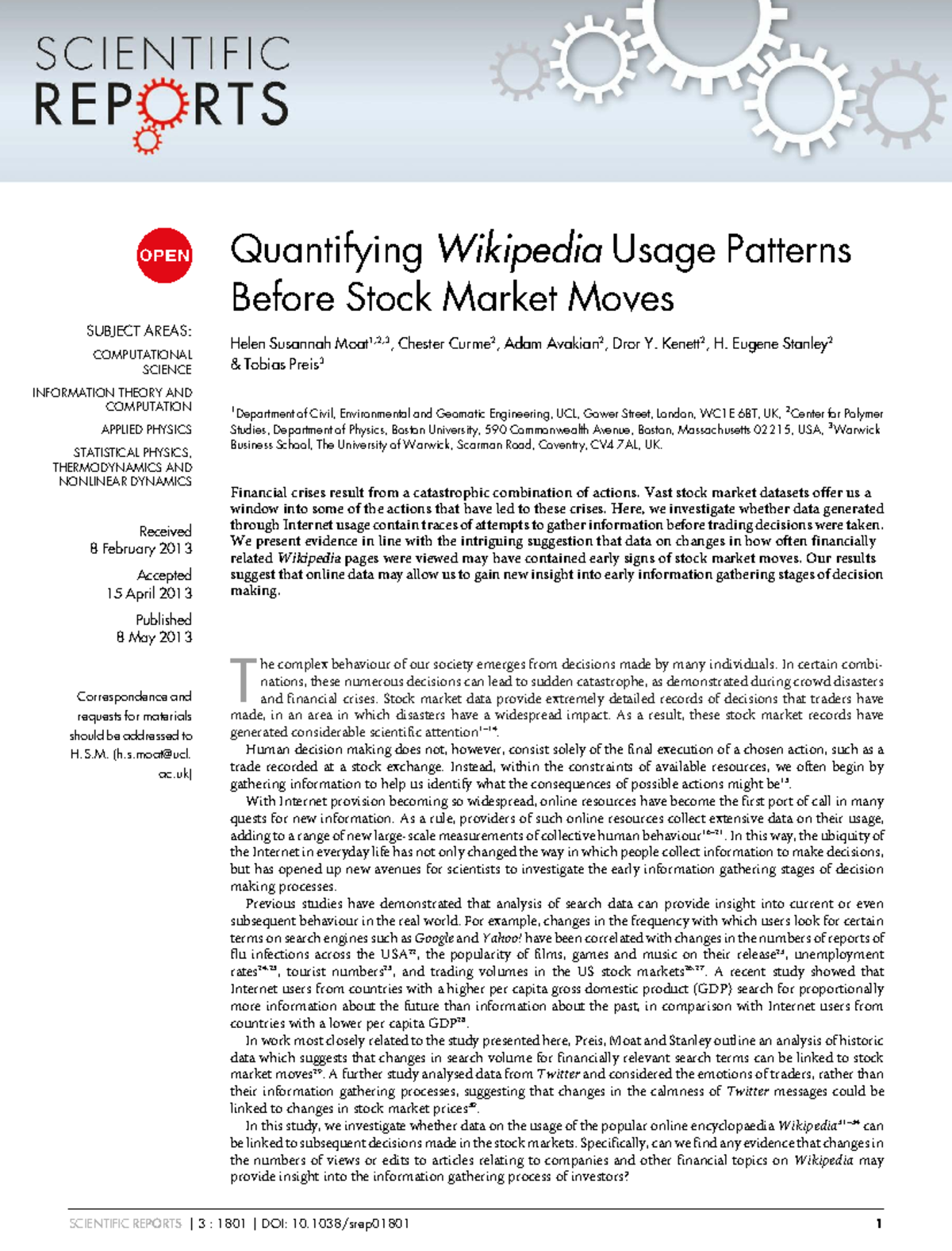 Quantifying Wikipedia Usage Patterns Before Stock Market Moves ...