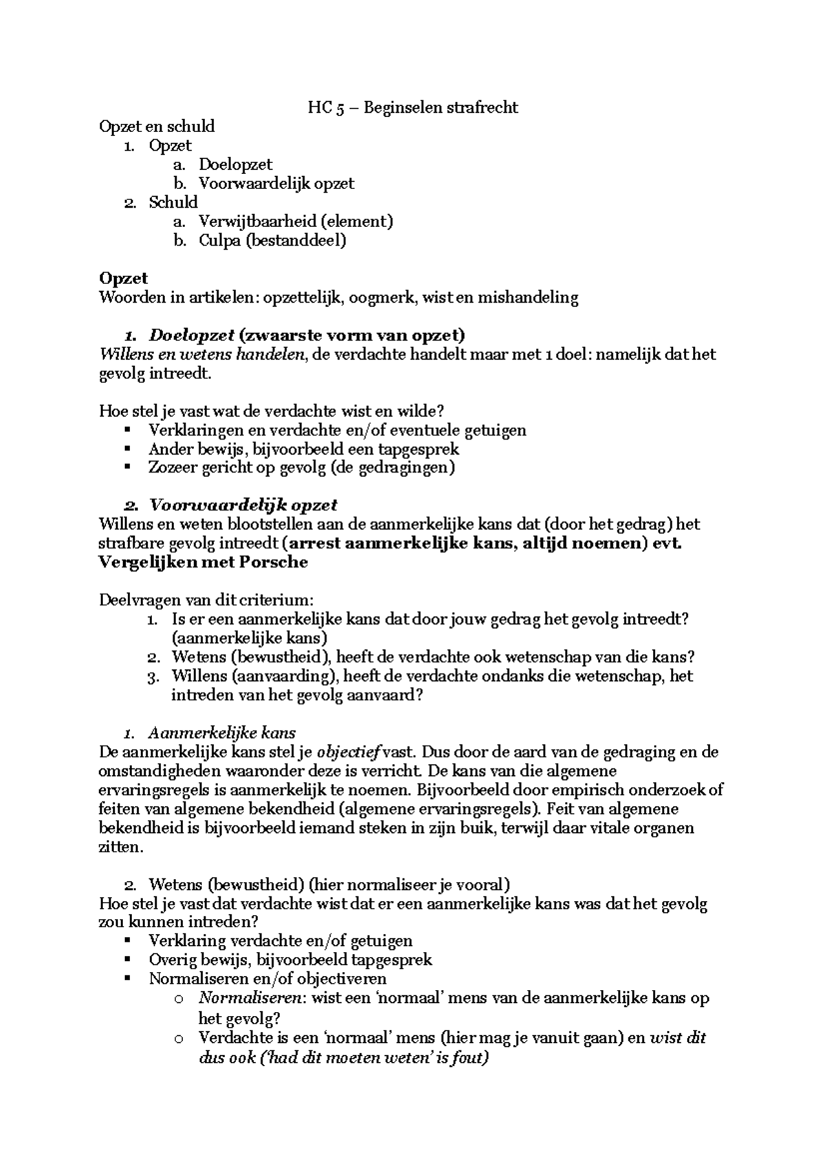 HC 5 - Beginselen van Strafrecht: Opzet en Schuld Analyse - Studeersnel