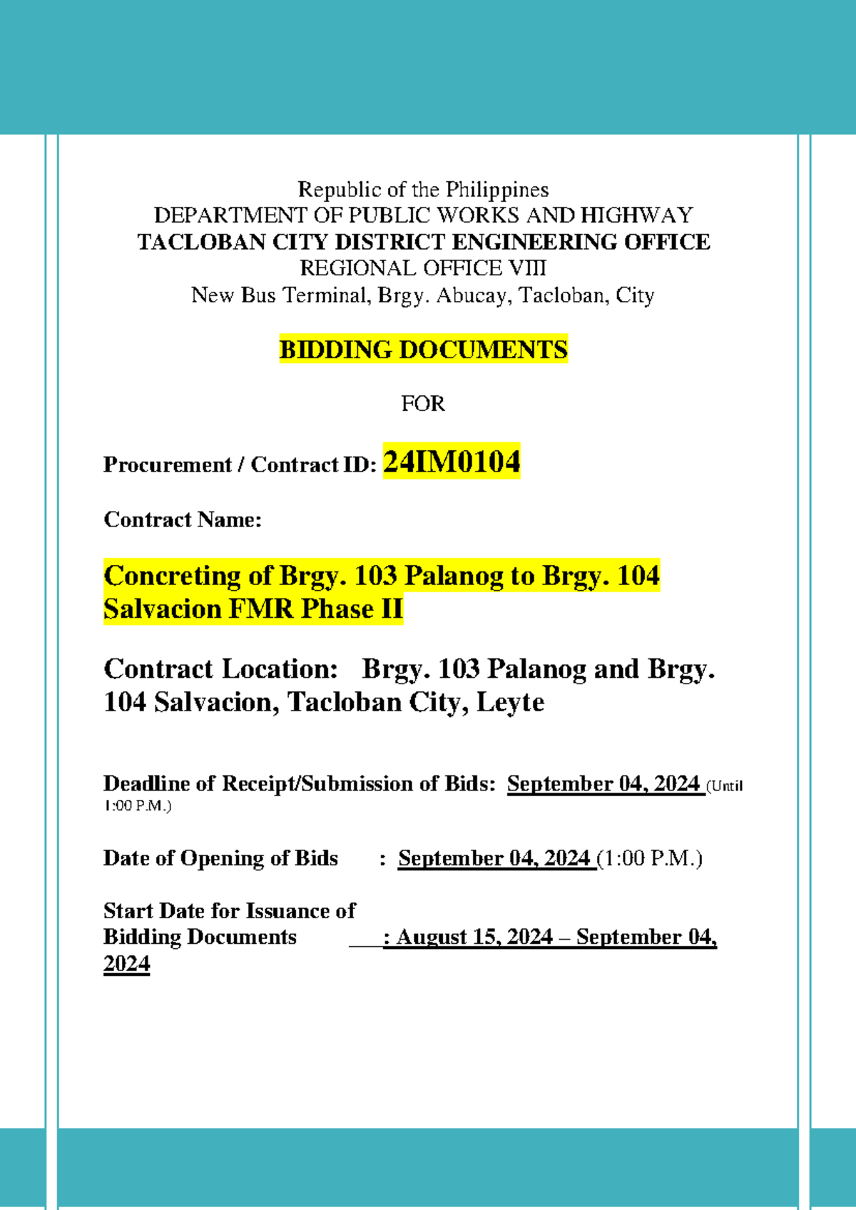 Bidding Documents for Contract ID 24IM0104: Concreting Project in ...