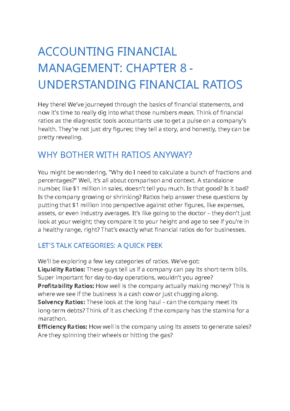 ACCOUNTING FINANCIAL MANAGEMENT: CHAPTER 8 FINANCIAL RATIOS REVIEW ...