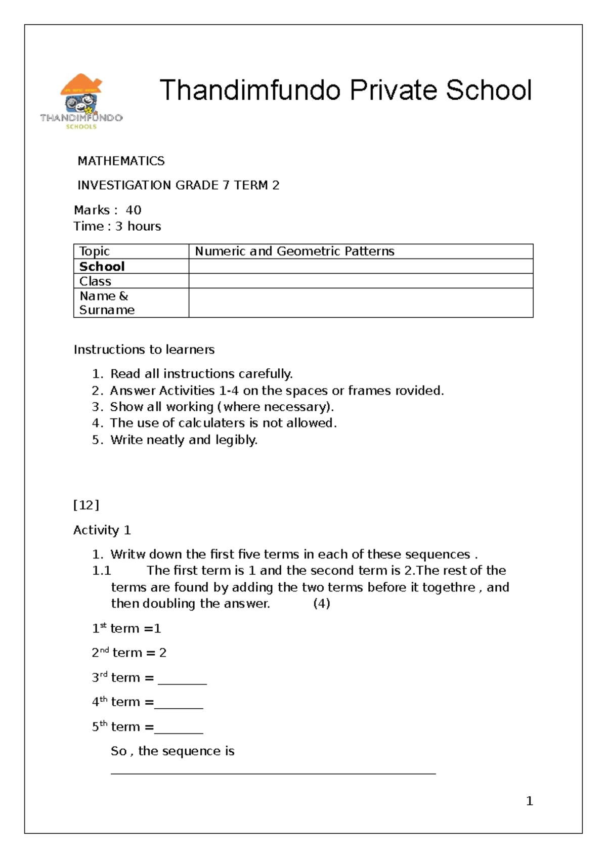 Grade 7 Mathematics Investigation Term 2: Patterns & Sequences - Studocu