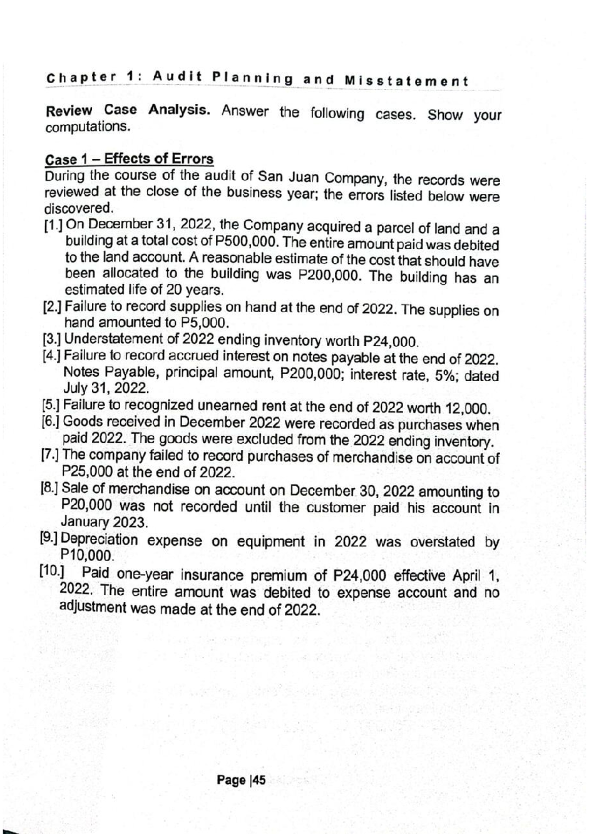 Chapter 1: Audit Planning & Misstatement Review Cases (ACCT 101) - Studocu