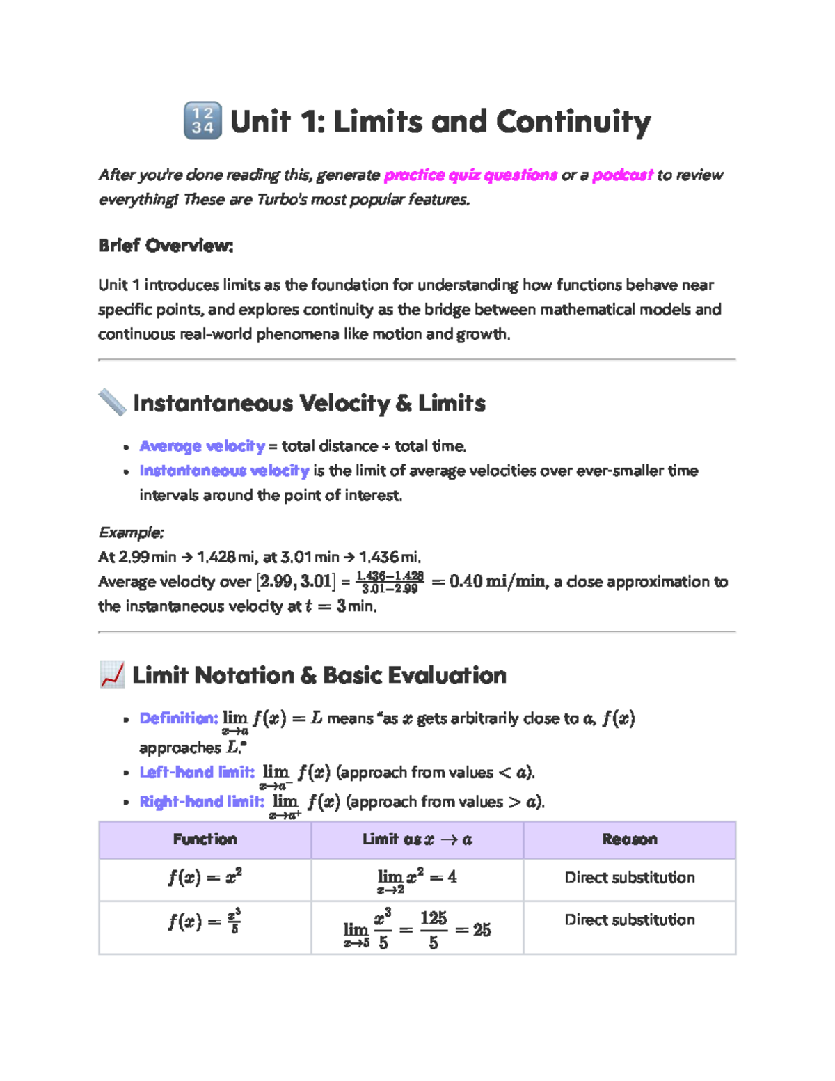 Unit 1: Limits and Continuity Overview and Practice Quiz - Studocu