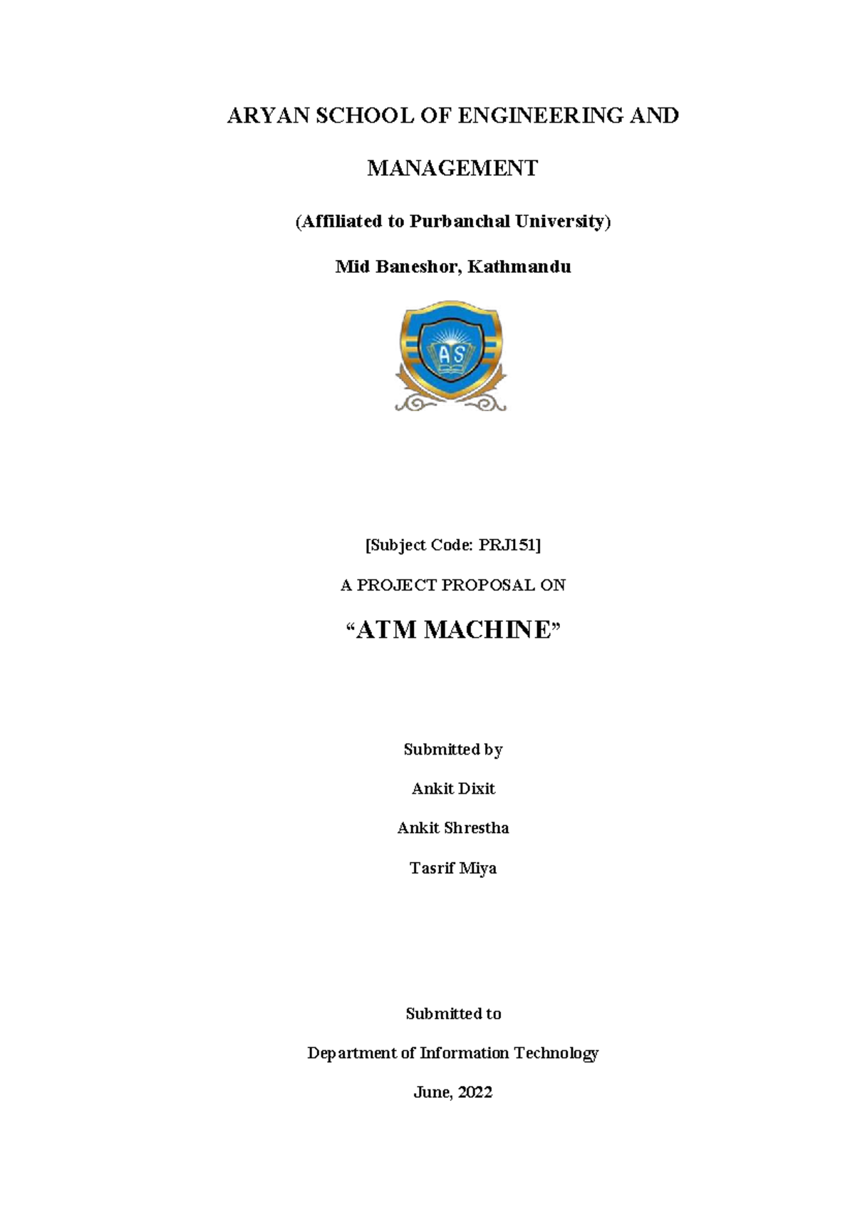 ATM Machine Project Proposal - AEM IT Department - Studocu