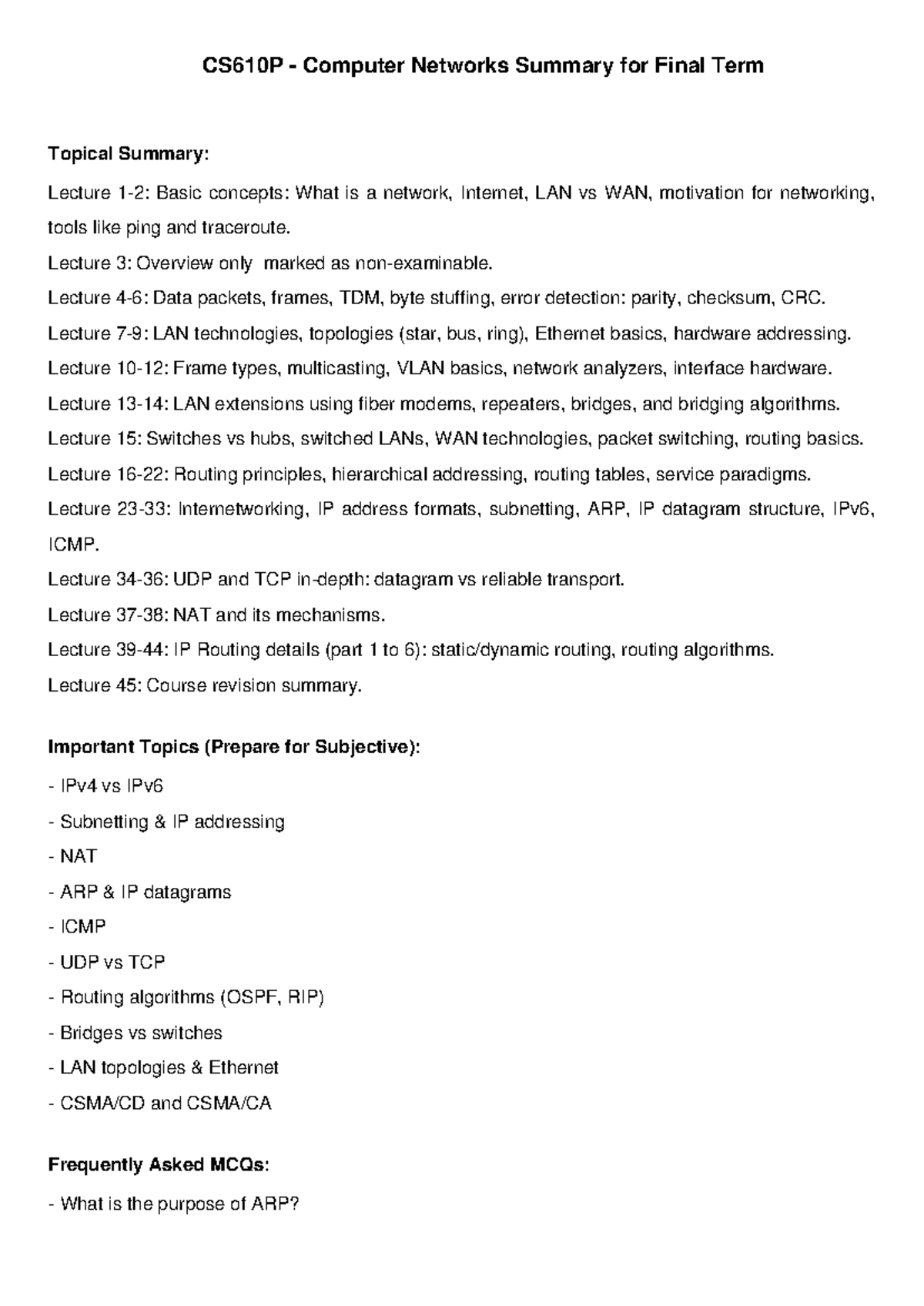 CS610P Computer Networks Final Term Summary: Key Concepts & Topics ...