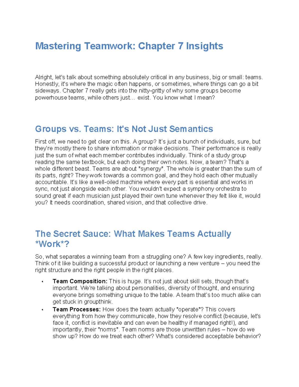 Organizational Behavior Ch7 Review: Mastering Teamwork Insights - Studocu