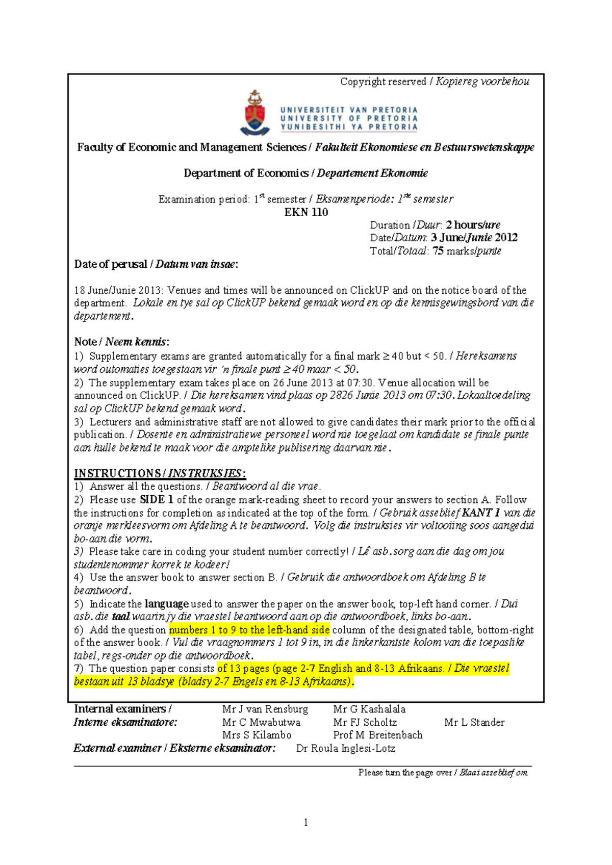 EKN 110 2013 Final Exam Paper - Economics Department - Studocu