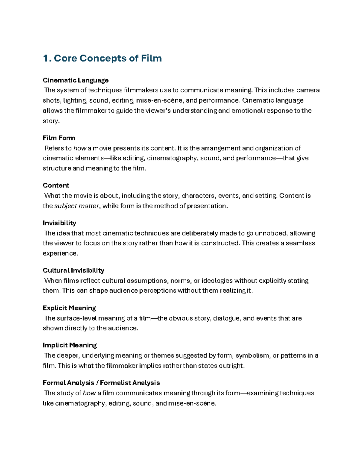 Film Exam Study Guide: Core Concepts of Cinematic Language - Studocu