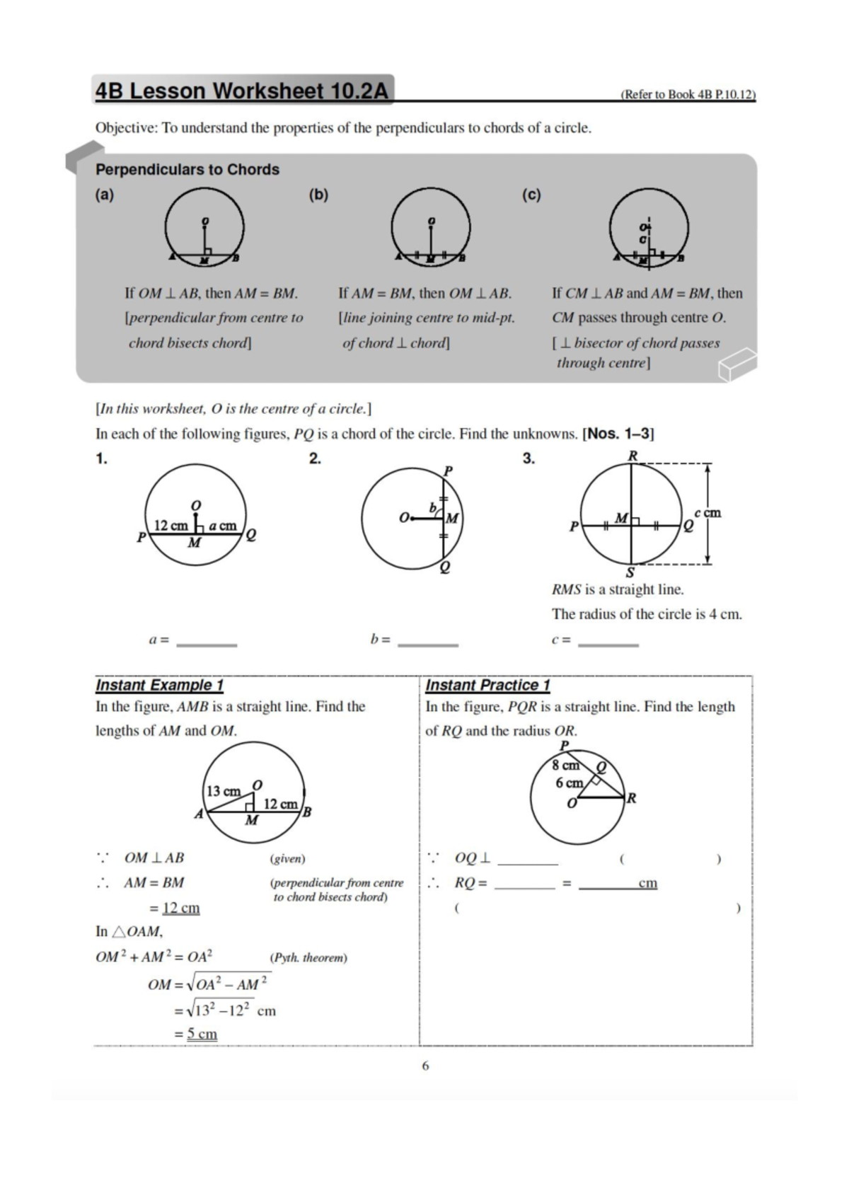 4B Lesson Worksheet 10.2A: Properties of Perpendiculars to Chords - Studocu