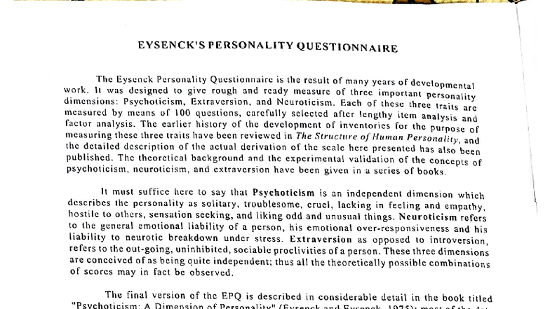 Eysenck Personality Questionnaire Analysis and Findings (DOC-20240915 ...