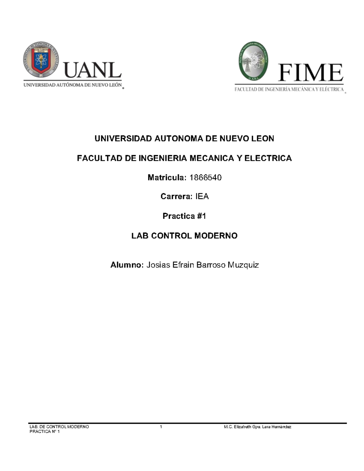 LAB. DE CONTROL MODERNO PRACTICA Nº 1 - IEA 1866540 - Studocu