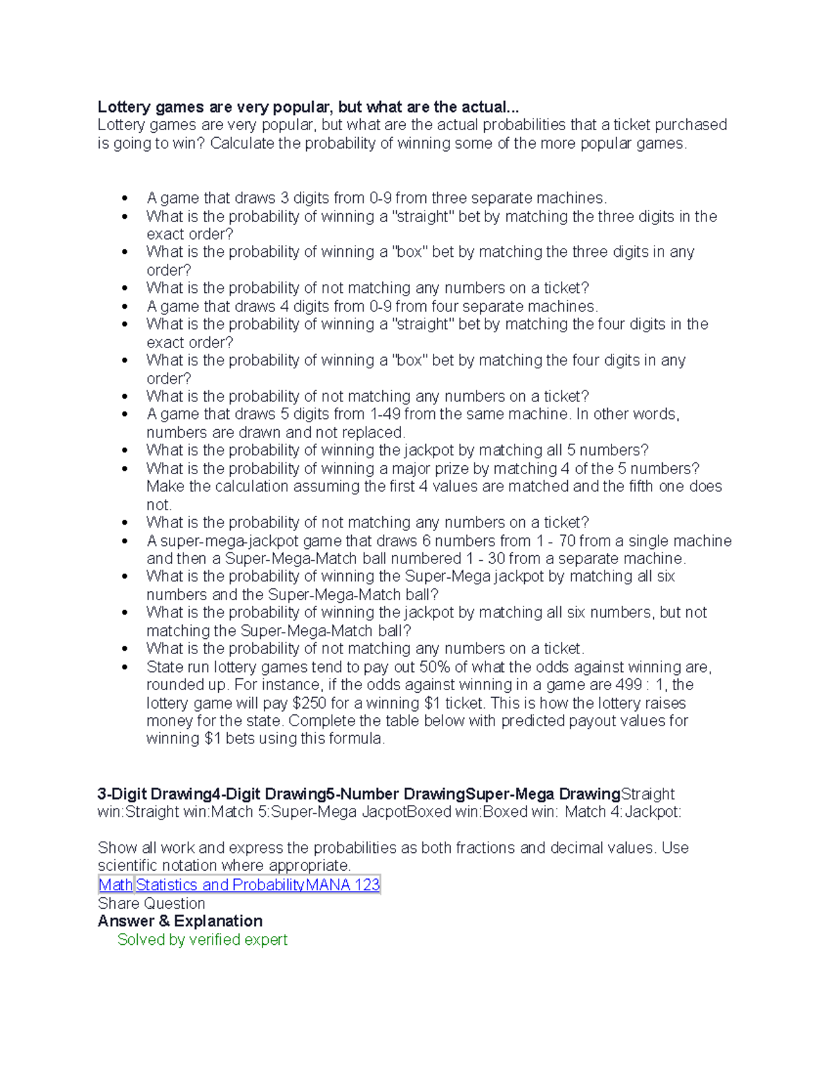Probabilities and Payout Analysis of Lottery Games MANA 123 - Studocu