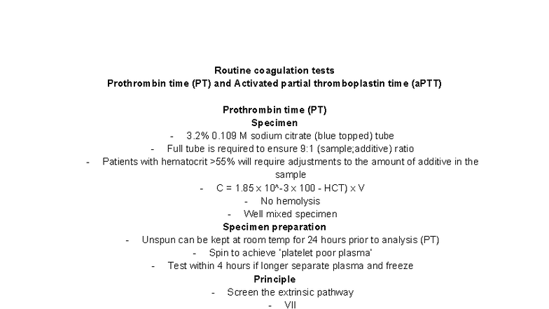 Routine Coagulation Tests: Prothrombin Time (PT) & aPTT Overview - Studocu