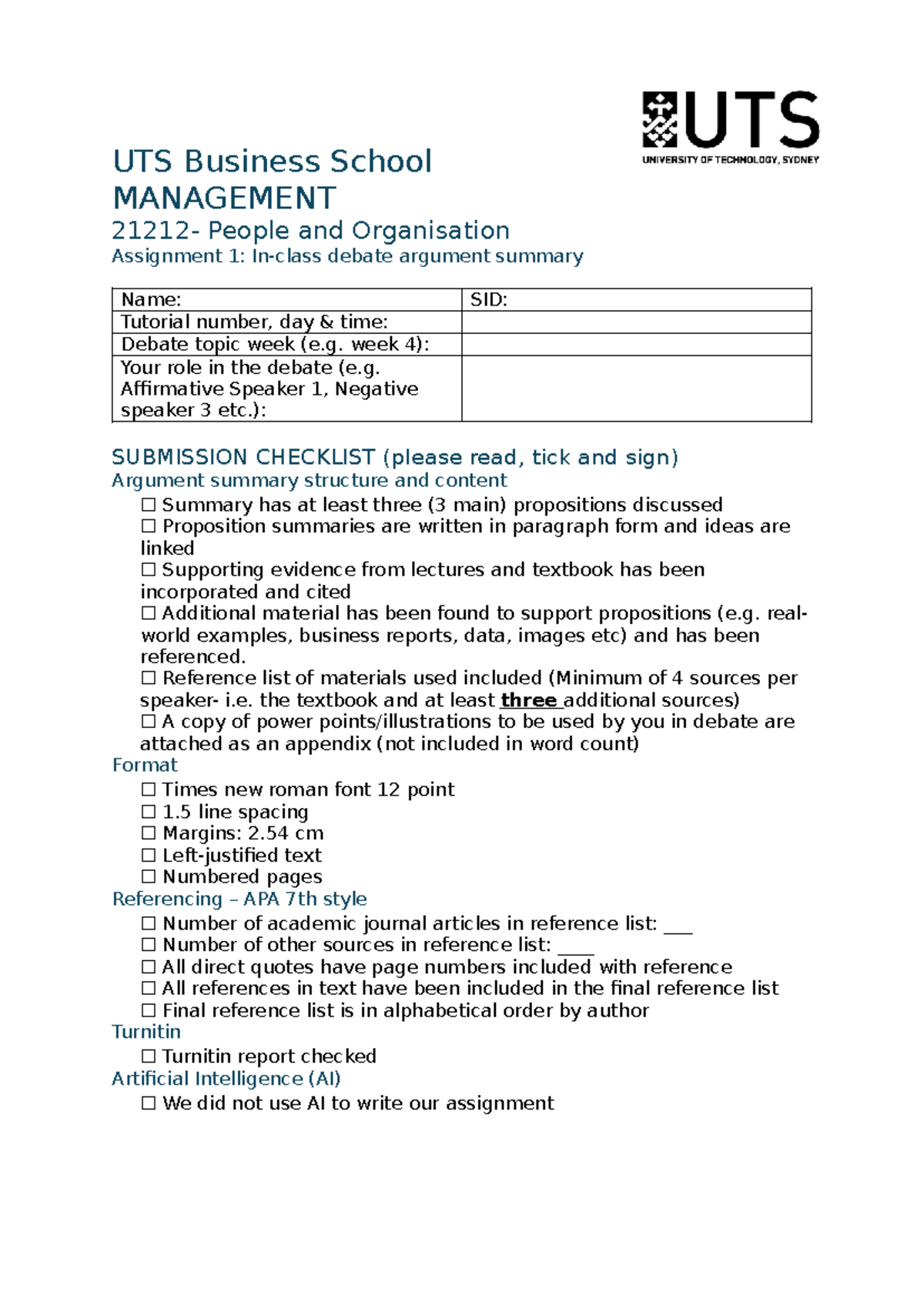 UTS Business School MANAGEMENT People and Organisation Assignment 1 ...