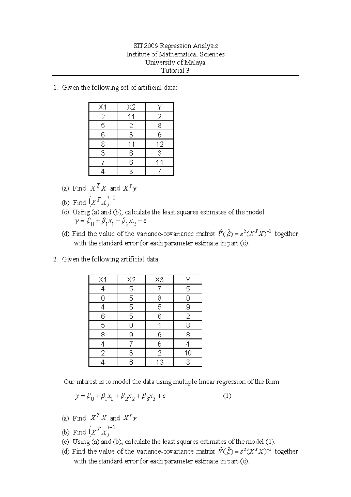 SIT2009 Tutorial 3: Regression Analysis and Least Squares Estimates ...