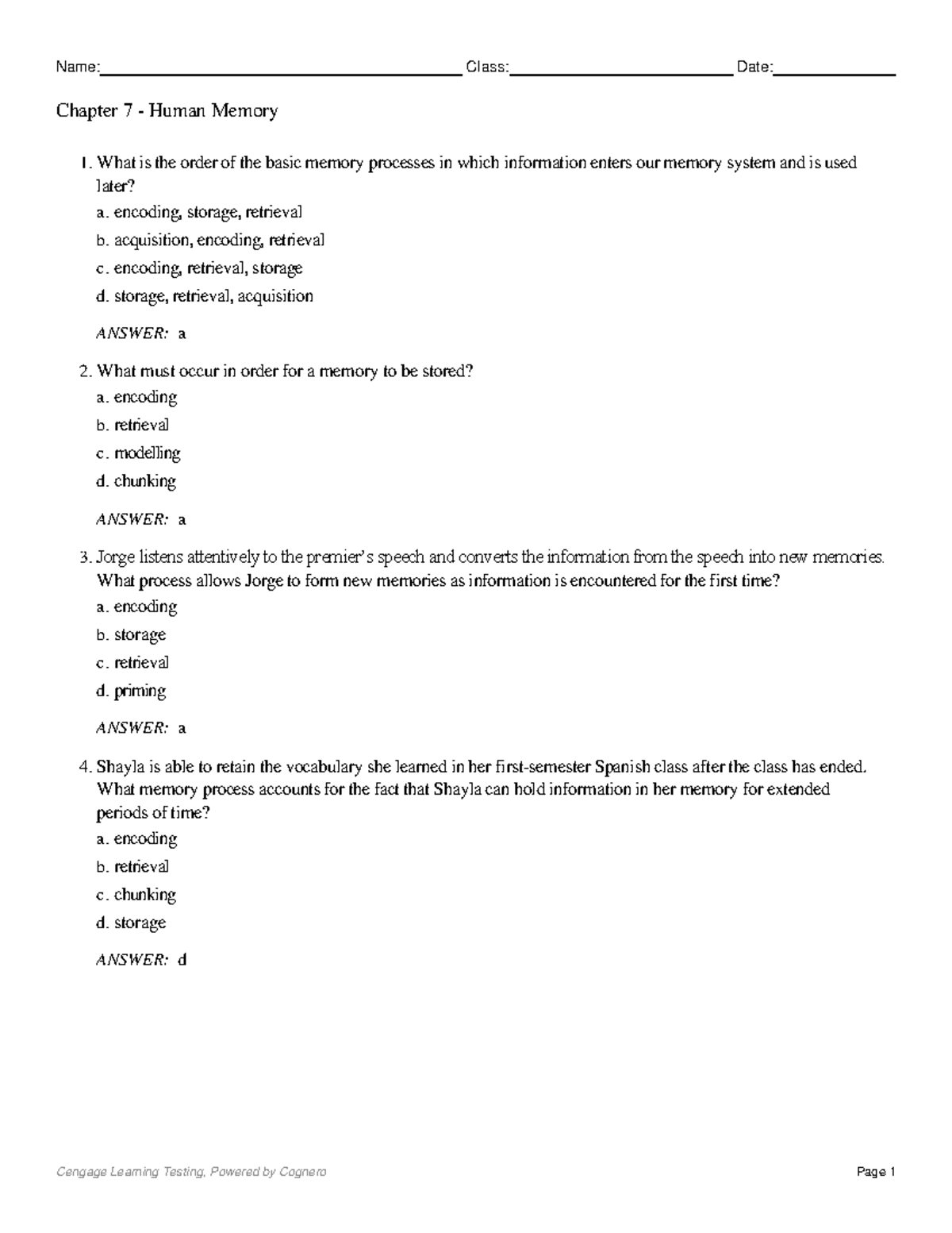 **Ch 7 - Memory Processes: Key Concepts and Quiz Answers** - Studocu