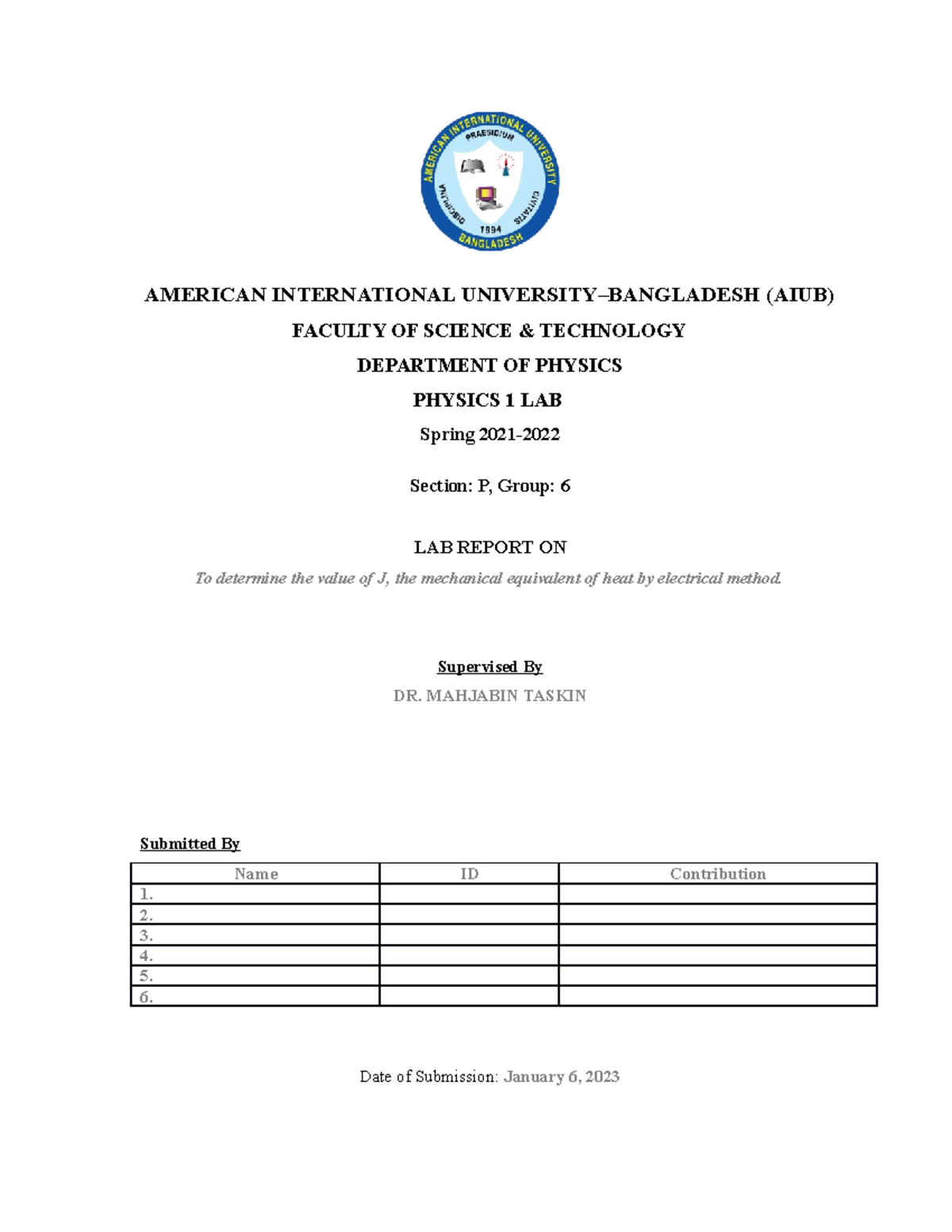 Physics 1 Lab Report on Mechanical Equivalent of Heat (Spring 2021 ...
