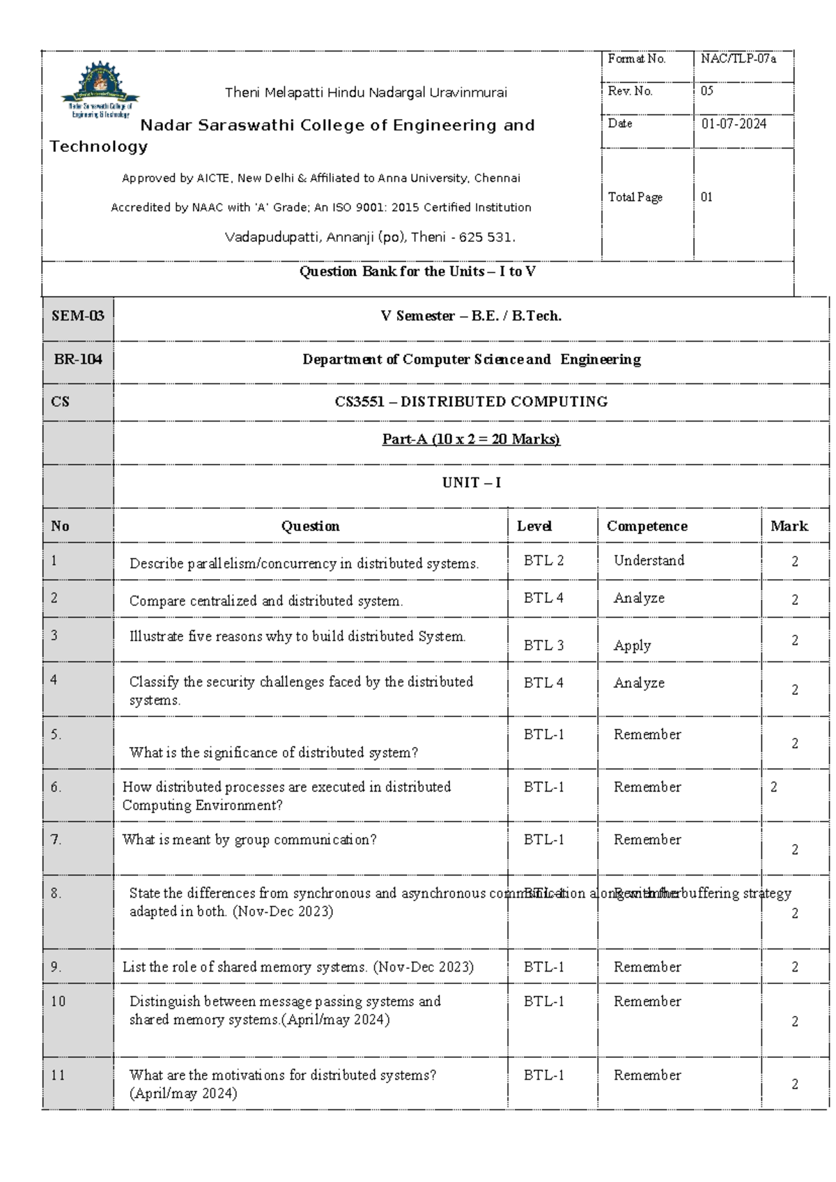 CS3551 Question Bank for V Semester B.E. in Distributed Computing - Studocu