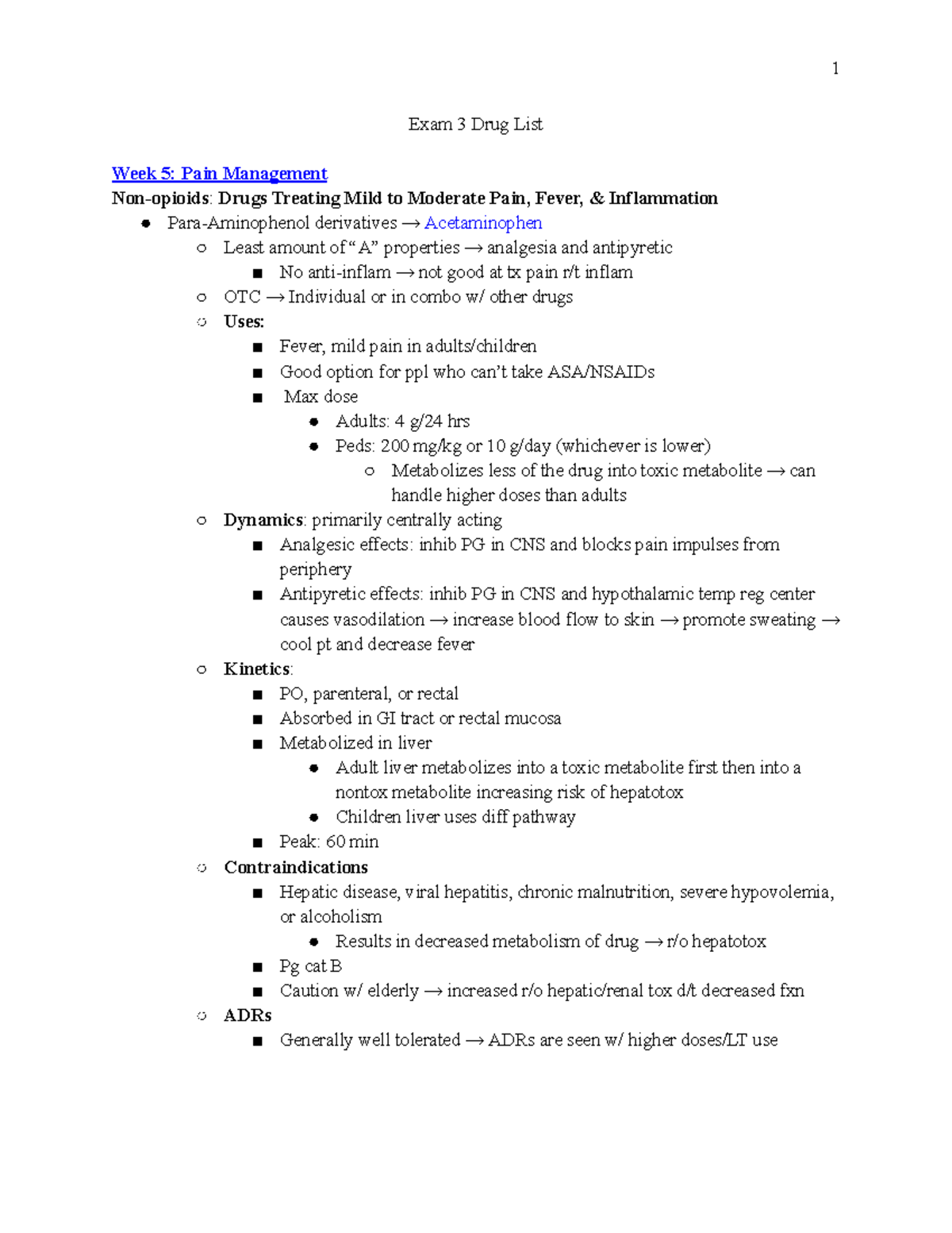 NSG 426 Exam 3 Study Guide: Pain Management Drug List - Studocu