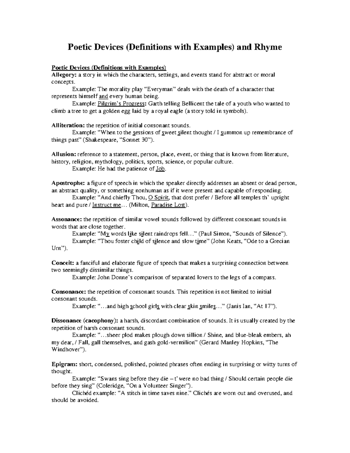 Poetry Devices (Definitions & Examples) - Study Notes - Studocu